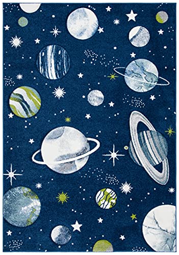 SAFAVIEH Carousel Kids Collection 4' x 6' Navy/Ivory CRK103N Outer Space Non-Shedding Playroom Nursery Bedroom Accent Rug