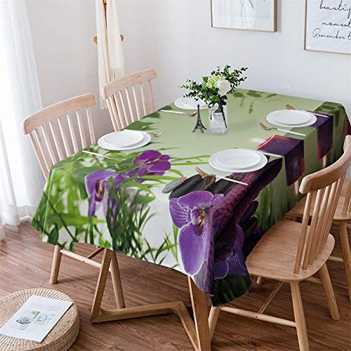 Cotton Linen Tablecloth Zen Spa Rectangle, 60" Wx140 L Wrinkle-Free Table Cloth Cover Butterfly Orchid Zen Basalt Stones Candle Purple Table Decorative for Wedding Dinning Party Banquet Tabletop
