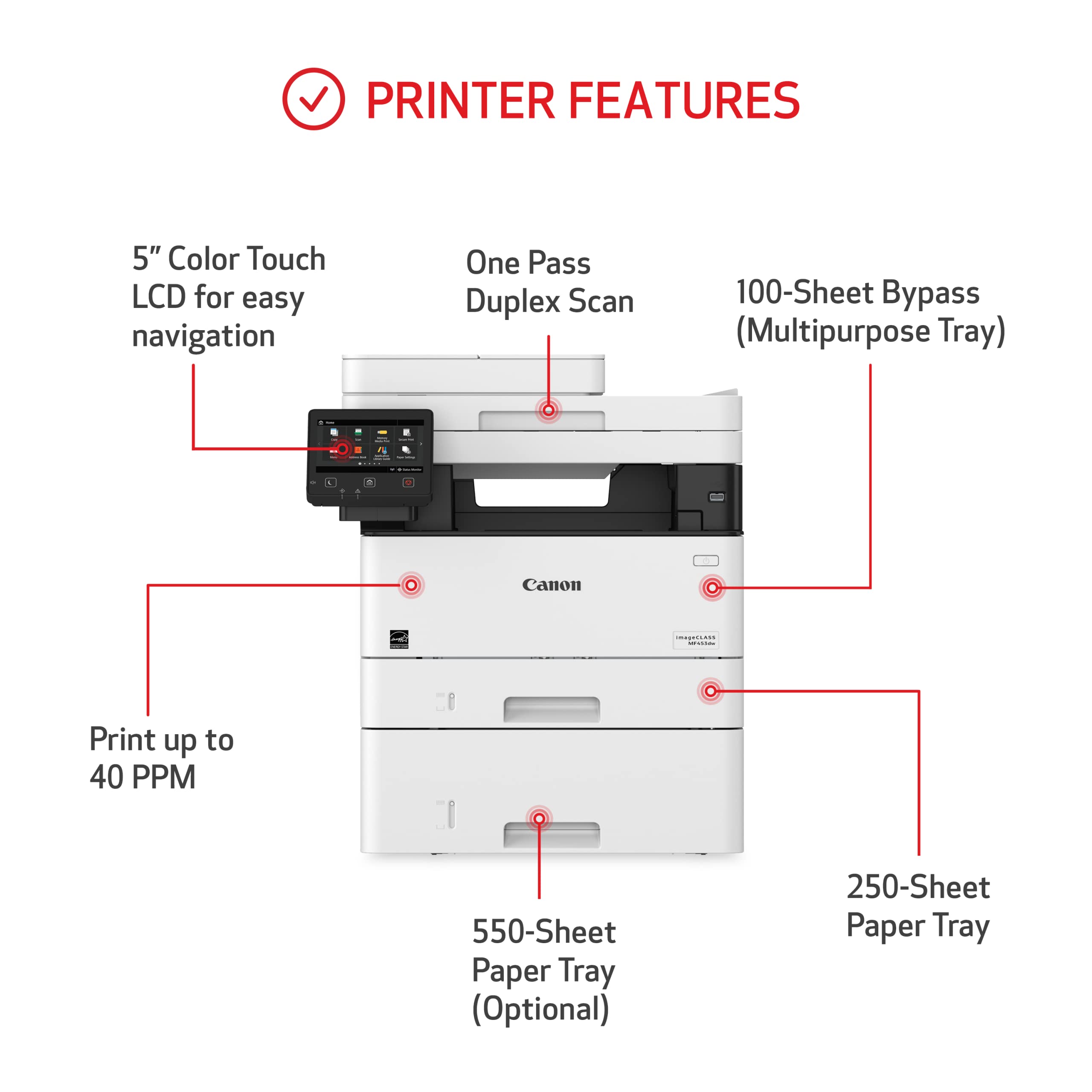 Canon imageCLASS MF453dw All-in-One Wireless Monochrome Laser Printer | Print, Copy, & Scan| | 5" Color Touch LCD | One Pass Duplex Scan