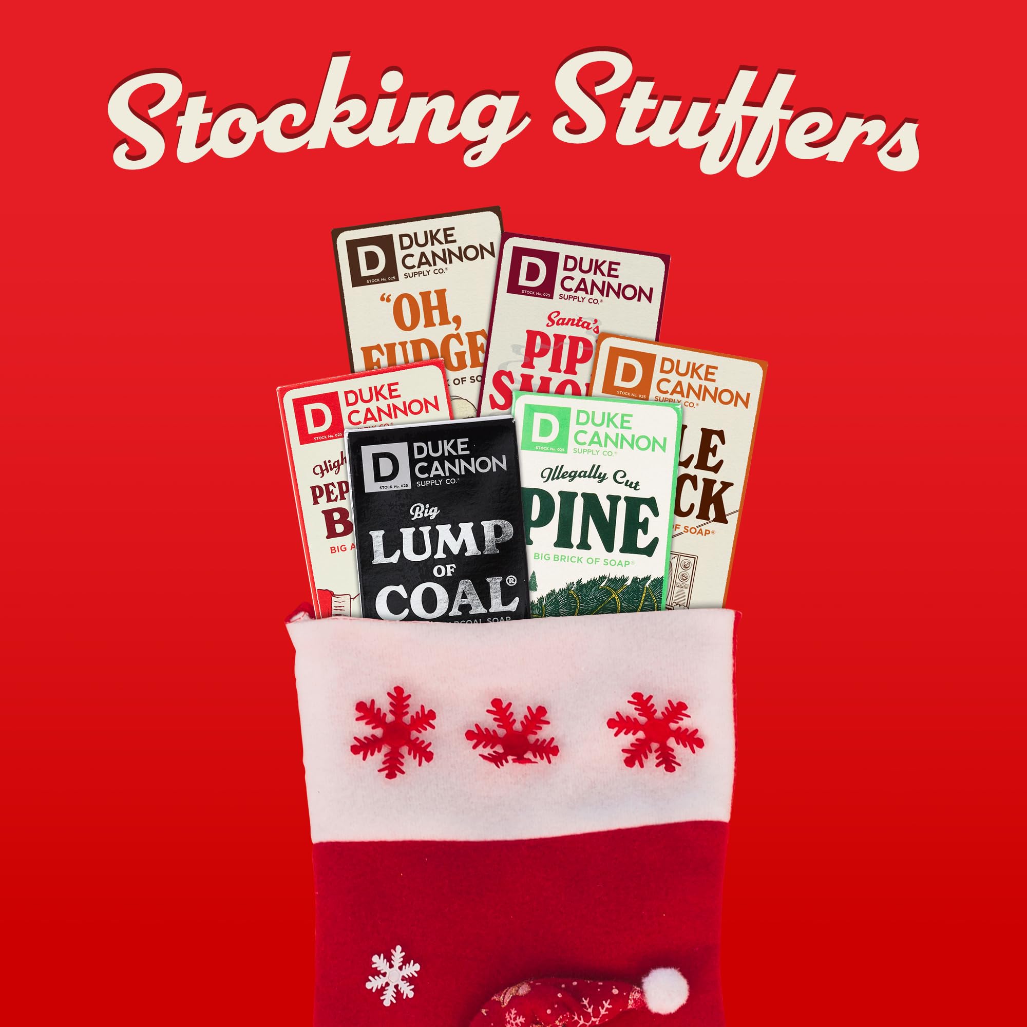 Duke Cannon Supply Co. Six Big Ass Bricks of Holiday Soap Bars Bundle for Men (Mall Santa's Cough Syrup, Rudolph's Night Cap, Lump of Coal, Frothy, Cut Pine, All Brandy Eggnog) 10 oz (Variety 6 Pack)
