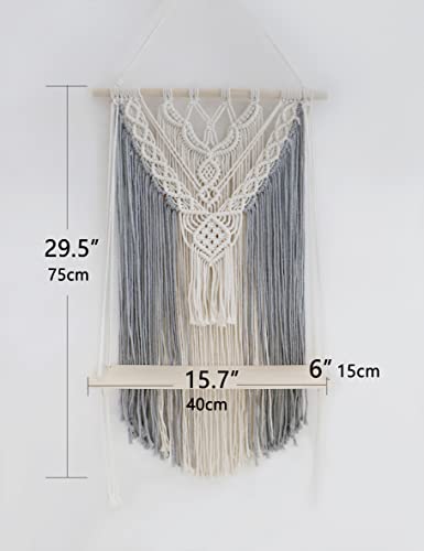 Shampsen Macrame Hanging Shelf Grey Floating Shelves Rope Shelf for Wall Hanging Plants Grey Boho Decor for Bedroom Living Room, Gift for Housewarming, 1 Tier