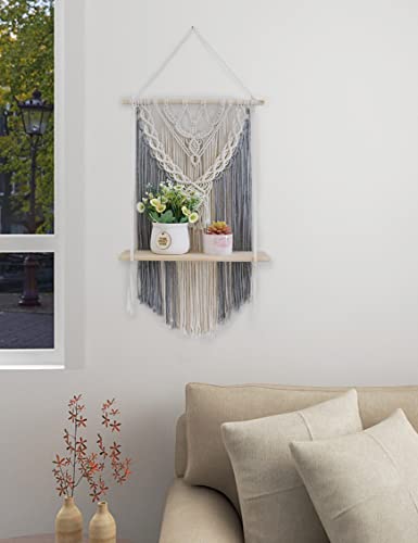 Shampsen Macrame Hanging Shelf Grey Floating Shelves Rope Shelf for Wall Hanging Plants Grey Boho Decor for Bedroom Living Room, Gift for Housewarming, 1 Tier