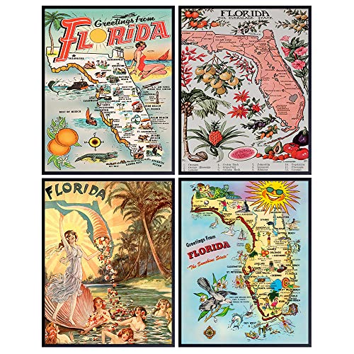 Florida Decor - Florida Tourism Tourist Map - Sunshine State Travel Poster Postcard Wall Art Print - Unique Gift for Floridians - FL Beach House, Office - Florida Wall Art - Vintage Retro Home Decor