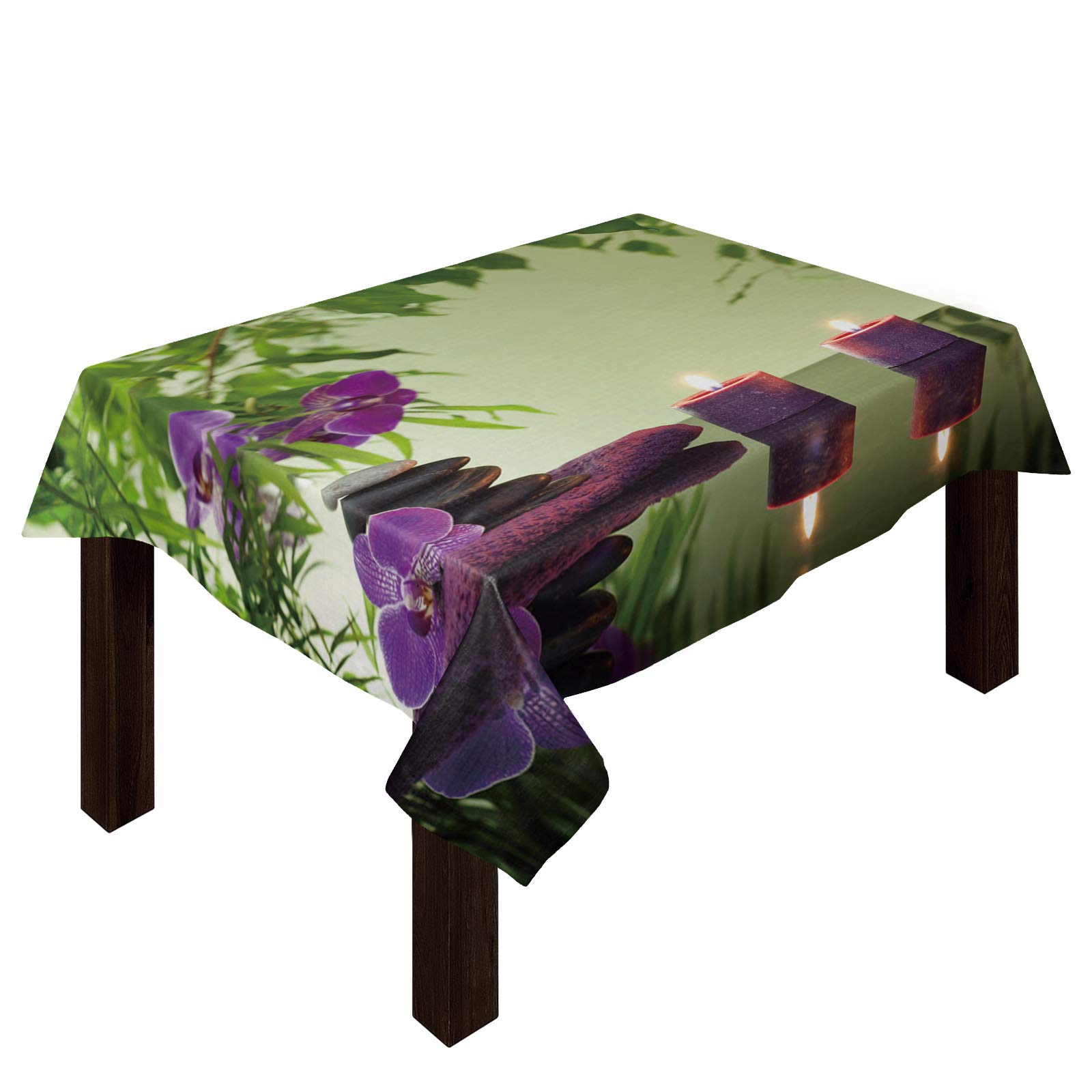 Cotton Linen Tablecloth Zen Spa Rectangle, 60" Wx140 L Wrinkle-Free Table Cloth Cover Butterfly Orchid Zen Basalt Stones Candle Purple Table Decorative for Wedding Dinning Party Banquet Tabletop