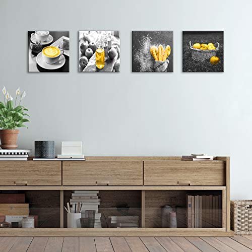 Oreichar Art Food Wall Art Black and White Coffee Bread Canvas Print Painting Yellow Picture for Cafe Dining Room Restaurant Kitchen Decoration (12"x12"x4pcs)