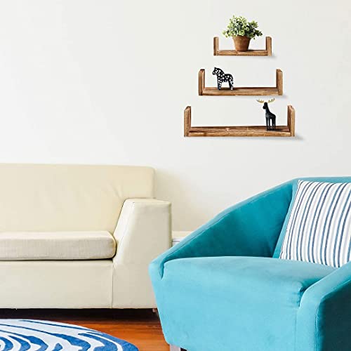Halter Solid Wood Shelves, Floating Wood Shelves for Bathroom, Bedroom, Living Room, and Kitchen, Wooden Office Shelves, Rustic Floating Shelves Wall Storage, Floating Wall Shelf, Natural, Set of 3