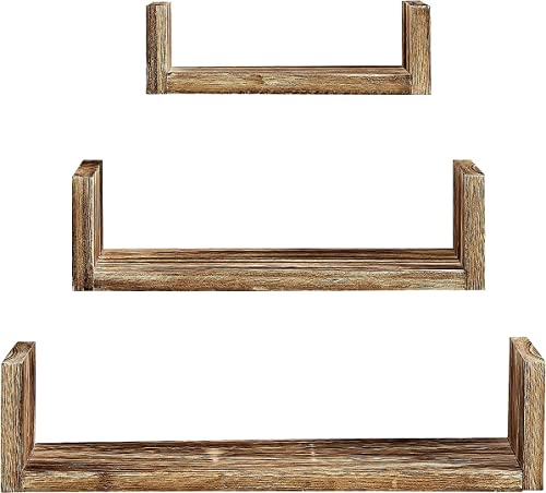 Halter Solid Wood Shelves, Floating Wood Shelves for Bathroom, Bedroom, Living Room, and Kitchen, Wooden Office Shelves, Rustic Floating Shelves Wall Storage, Floating Wall Shelf, Natural, Set of 3