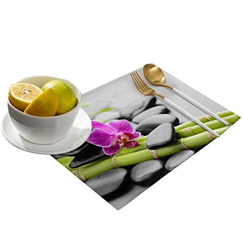 Placemats for Dining Table Set of 6, Zen Basalt Stone Orchid Flower and Cotton Linen Cloth for Square/Rectangle/Round Table Mat Placemat Kitchen Dinner Holiday Dテゥcor
