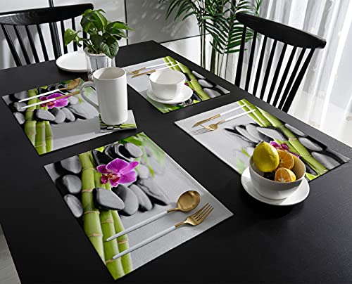 Placemats for Dining Table Set of 6, Zen Basalt Stone Orchid Flower and Cotton Linen Cloth for Square/Rectangle/Round Table Mat Placemat Kitchen Dinner Holiday Dテゥcor