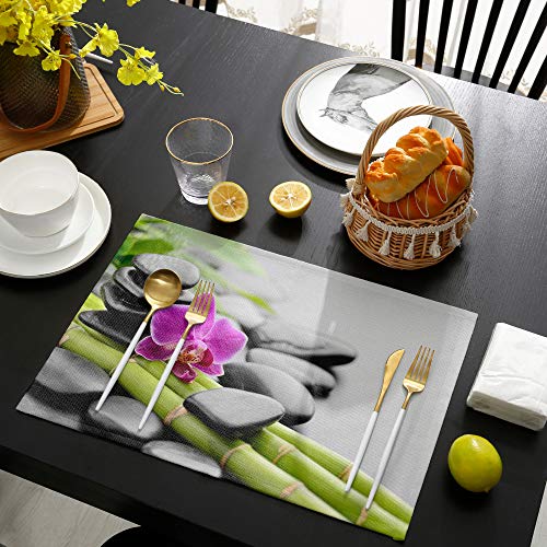 Placemats for Dining Table Set of 6, Zen Basalt Stone Orchid Flower and Cotton Linen Cloth for Square/Rectangle/Round Table Mat Placemat Kitchen Dinner Holiday Dテゥcor