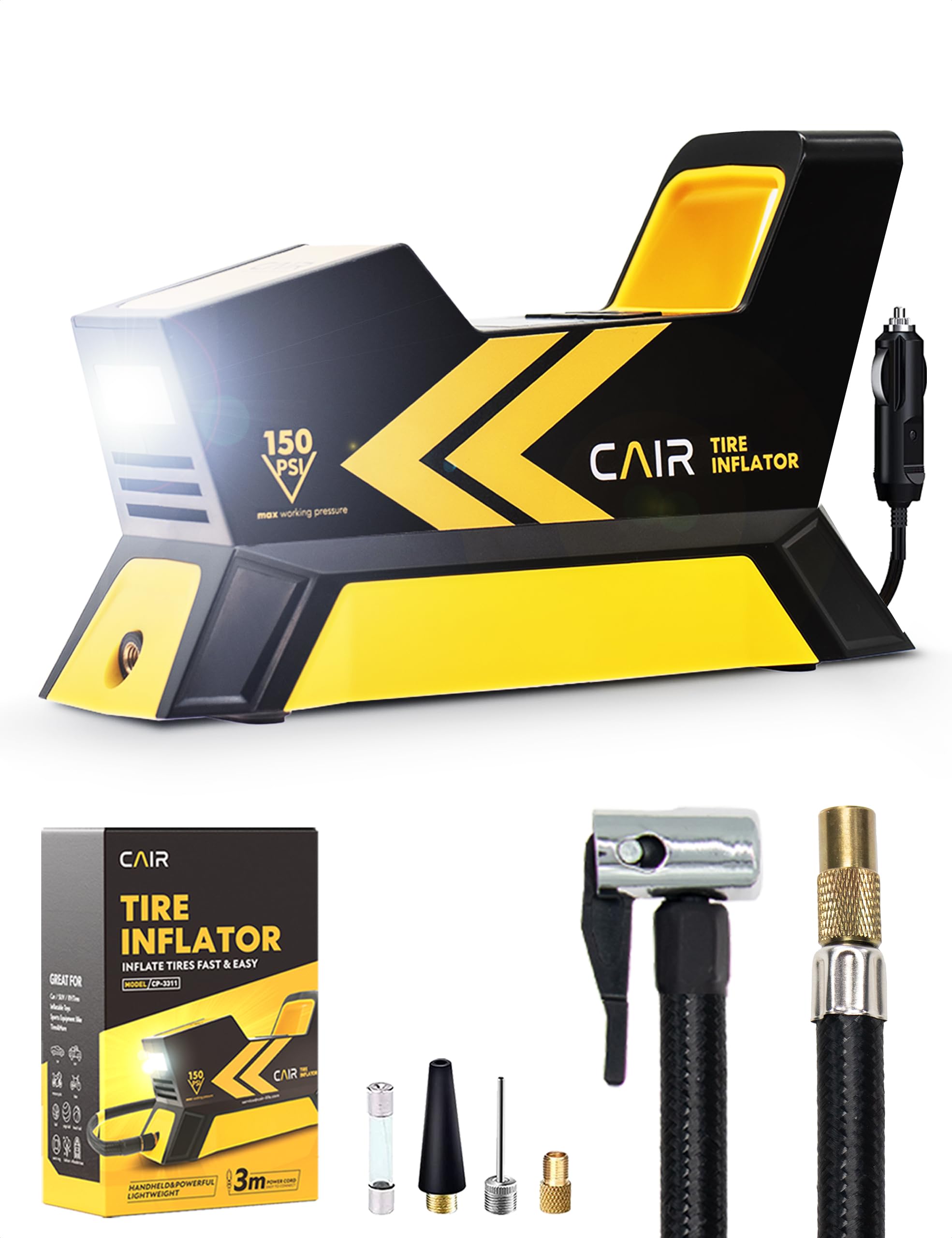 CAIR Tire Inflator Portable Air Compressor, 12V DC Small Air Pump for Car Tires - Car Accessories, 150PSI Smart Digital Pressure Gauge, LED Light for Motorcycle, Bike, Ball and Inflatables