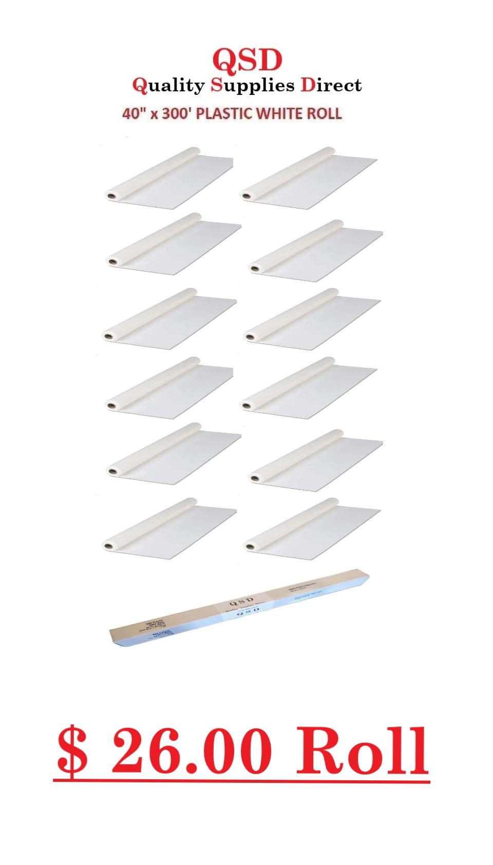 QSD Plastic Party Banquet Disposable Tablecloth Roll White- 300 ft. x 40 in. - Each Roll Covers 36 8' Foot Tables - 12 Pack