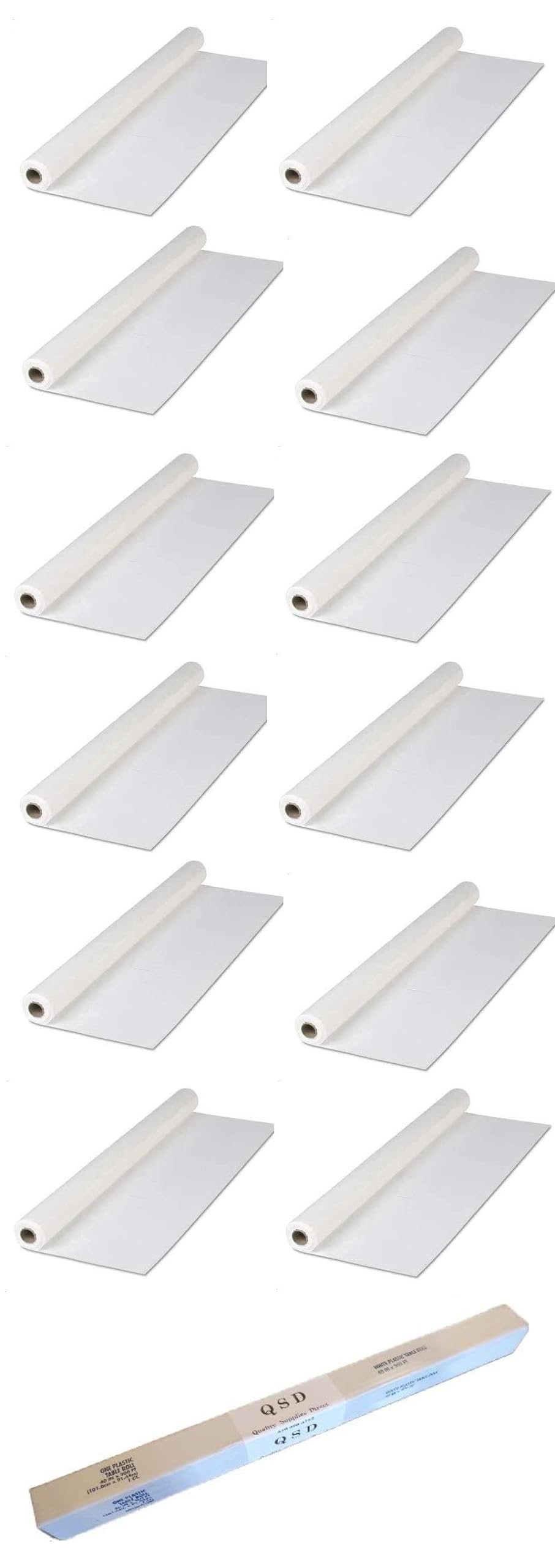 QSD Plastic Party Banquet Disposable Tablecloth Roll White- 300 ft. x 40 in. - Each Roll Covers 36 8' Foot Tables - 12 Pack