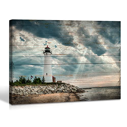 Lighthouse Wall Art Coastal Teal Picture Ocean Seascape Canvas Prints Landscape Beach Turquoise Blue Nature Paintings Bathroom Living Room Bedroom Skyline Nautical Scenery Artwork 12x16 Inches