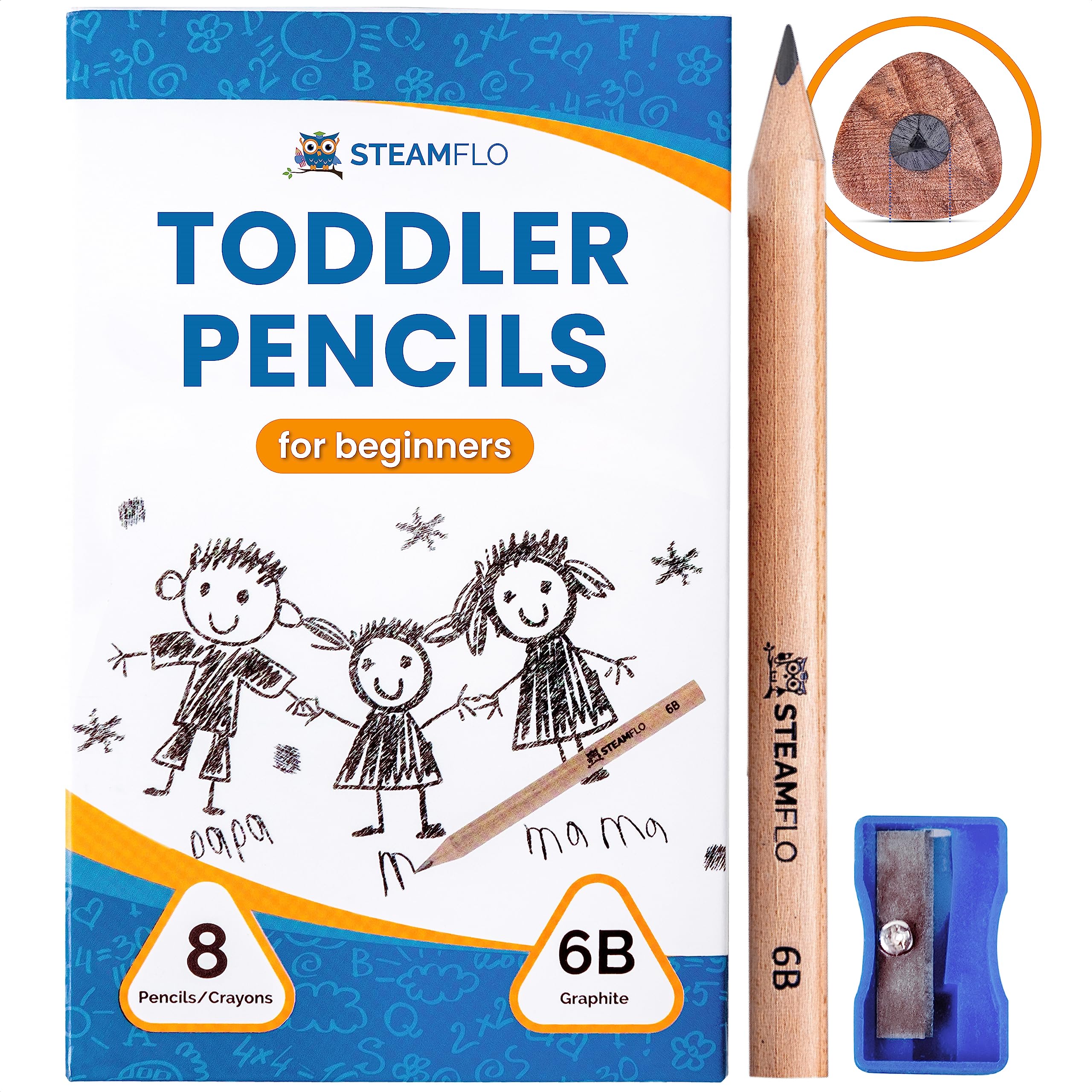 Learning Pencils for Toddlers 2-4 Years – Our Kids Pencils for Beginners Toddlers and Preschoolers with Jumbo Triangle Shape are Specially Designed Preschool Pencils for Beginners (8 Pack + Sharpener)