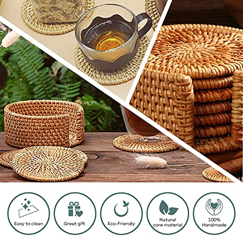 Eneocare Handmade Natural Rattan Coasters for Drinks, Wicker Boho Coasters, Woven Coasters for Drinks | Heat Resistant Reusable Saucers, Round Straw Trivet for Teacup, Set of 6 with Holder