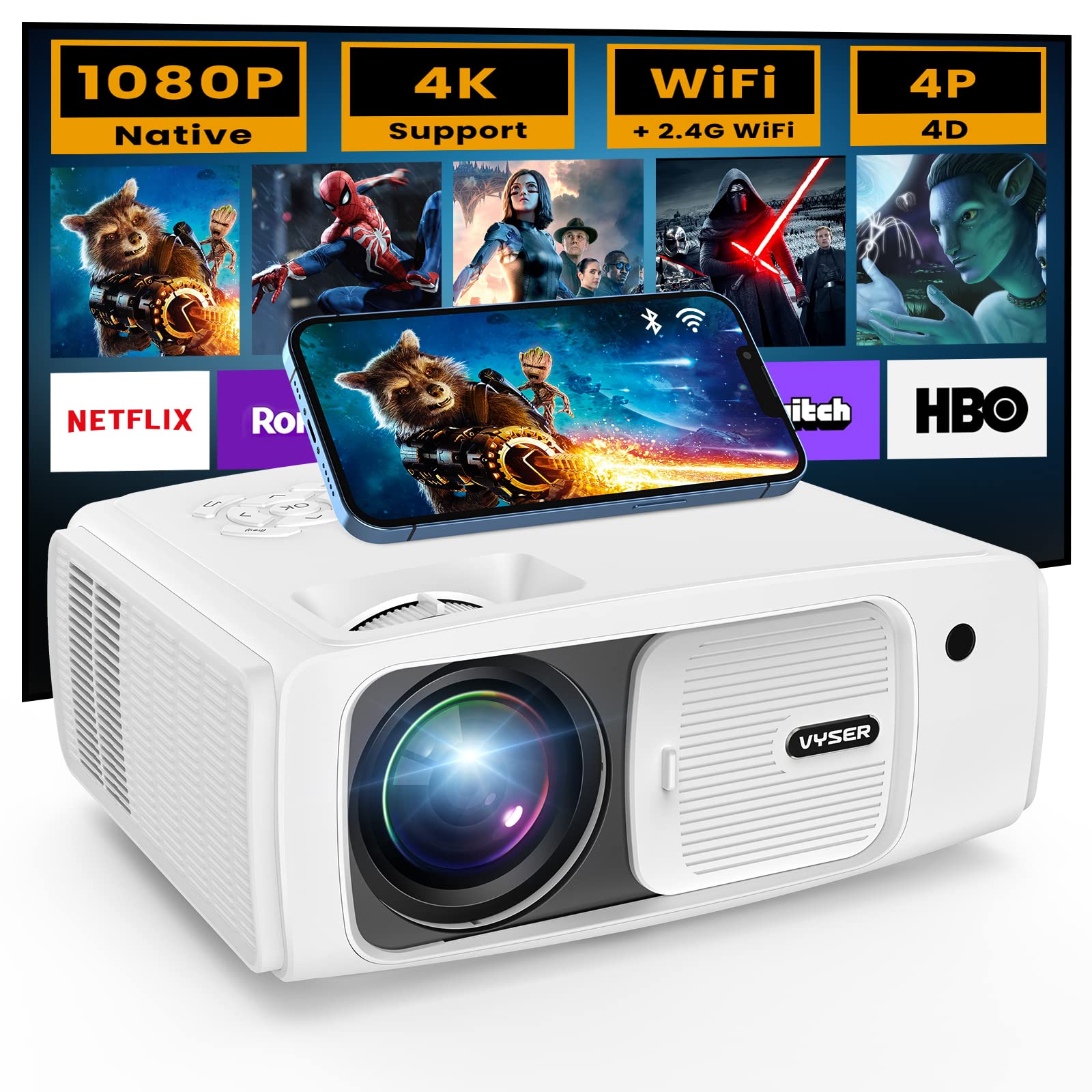 VYSER Projector with 5G WiFi & Bluetooth, 400ANSI Native 1080P Movie Projector with Screen, 4P/4D Keystone Correction, 300" Portable Outdoor Projector Compatible with HDMI, VGA, USB, iOS/Android
