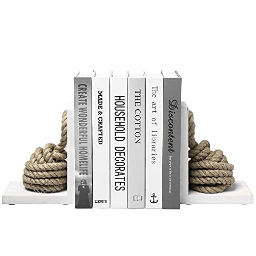 MyGift Vintage White Solid Wood Decorative Bookends with Nautical Knot Rope Design, Cape Cod Shelf Decor L Shaped Office Desk Bookends,1 Pair