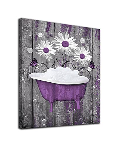 BARZM Rustic Farmhouse Purple Daisy Wall Art Purple Bathroom Wall Art Daisy Canvas Pictures Modern Flower Bathtube Rustic Purple Daisy Wall Art Decor for Bedroom 12x16 inch Frameless