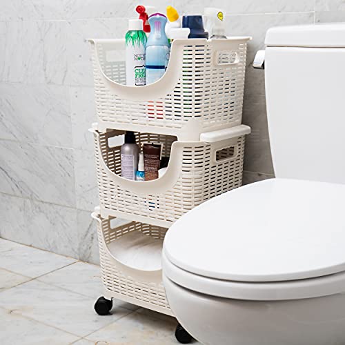Mind Reader 3-Tier Stackable Containers Rolling Plastic Bins, Storage Baskets, Ivory