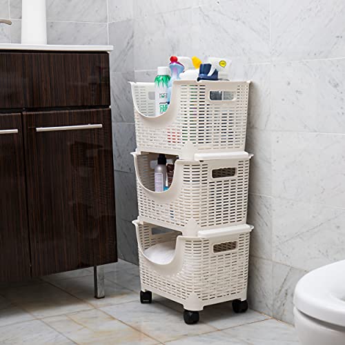 Mind Reader 3-Tier Stackable Containers Rolling Plastic Bins, Storage Baskets, Ivory