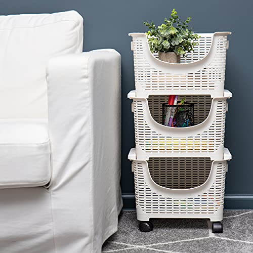 Mind Reader 3-Tier Stackable Containers Rolling Plastic Bins, Storage Baskets, Ivory