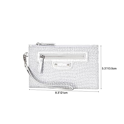 LAM GALLERY Silver Wristlet Purse for Party Prom Shiny Crocodile Evening Clutch Handbag
