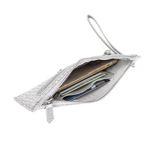 LAM GALLERY Silver Wristlet Purse for Party Prom Shiny Crocodile Evening Clutch Handbag
