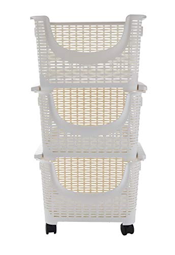 Mind Reader 3-Tier Stackable Containers Rolling Plastic Bins, Storage Baskets, Ivory
