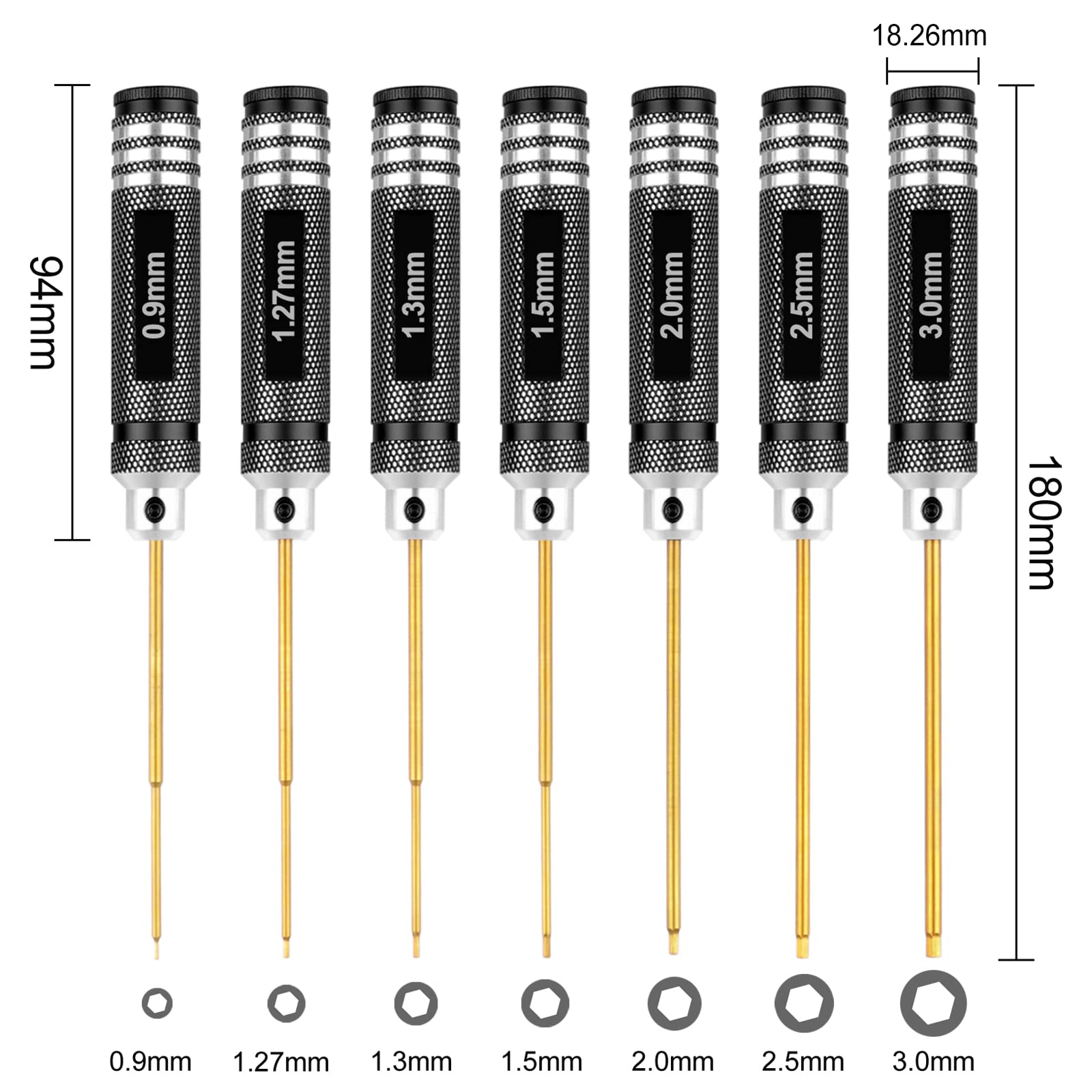 RC Hex Drivers Allen Wrench Set Metric 0.9 1.27 1.3 1.5 2.0 2.5 3.0mm Keys Titanium Repair Tool Kit for RC Car Drone Hobby Models, 7PCS