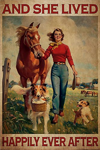 Metal Tin Retro Sign- Vintage Girl with Horse and Dogs Metal Poster, She Lived Happily Ever After Metal Poster, Vintage Art, Retro Metal Poster, Vintage Wall Art, Living Room Decor 8x12inch
