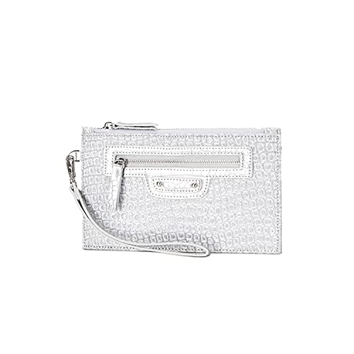 LAM GALLERY Silver Wristlet Purse for Party Prom Shiny Crocodile Evening Clutch Handbag