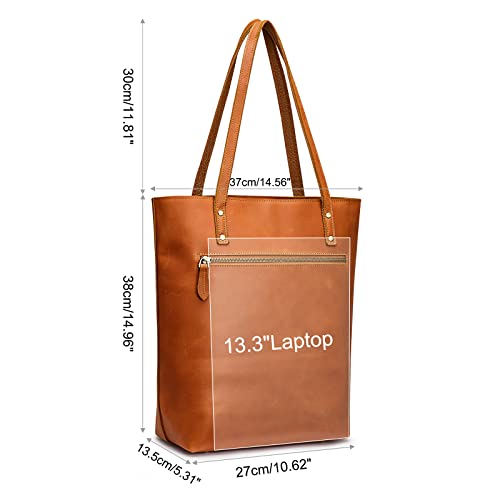 S-ZONE Women Vintage Genuine Leather Tote Bag Large Shoulder Purse Work Handbag (Cognac)