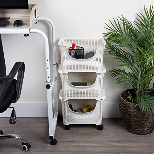 Mind Reader 3-Tier Stackable Containers Rolling Plastic Bins, Storage Baskets, Ivory