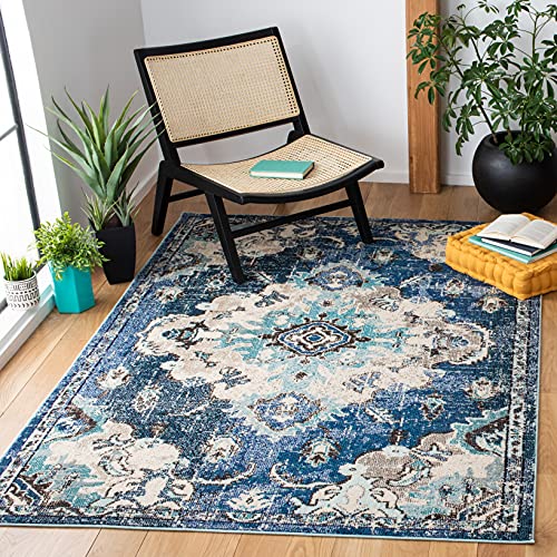 Safavieh Madison Collection 6' x 9' NavyIvory MAD484N Boho Chic Medallion Distressed Non-Shedding Living Room Dining Bedroom Area Rug