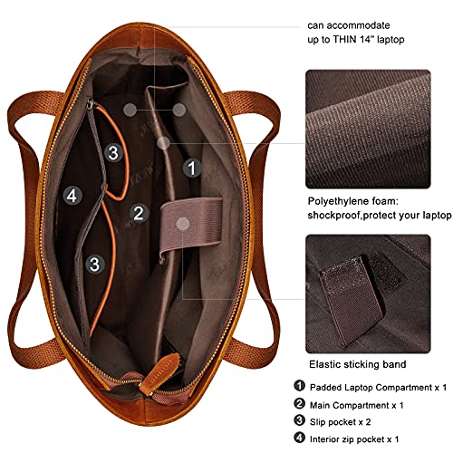 S-ZONE Women Vintage Genuine Leather Tote Bag Large Shoulder Purse Work Handbag (Cognac)