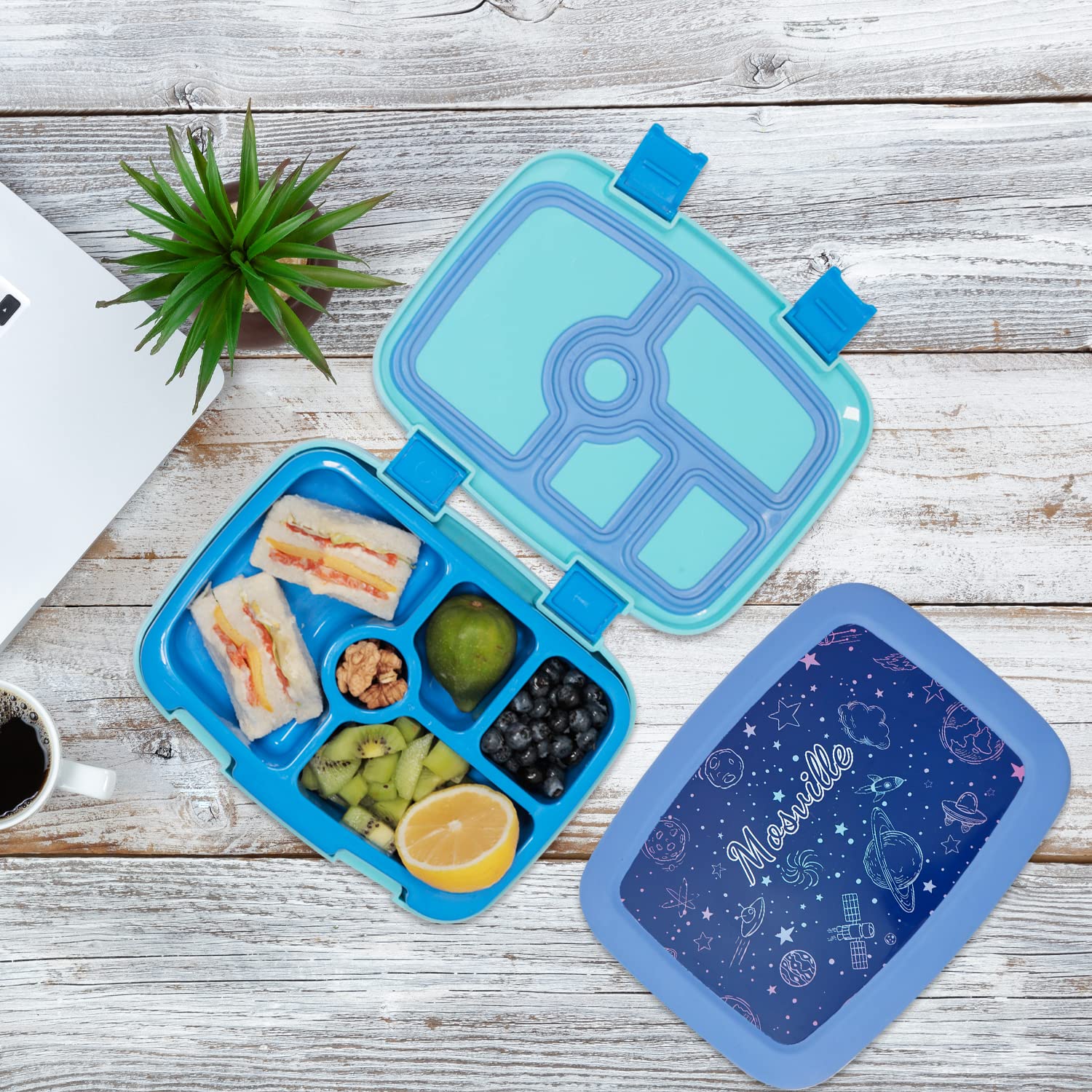 Space Prints Bento Box for Kids, Removable 5 Compartments Portion Size Leakproof Bento Lunch Box for Boys Girls Meal Prep Containers (Space)