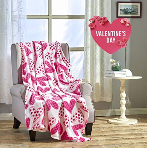 Large Heart Throw Blanket Soft Fleece White Blanket with Pink Hearts for Kids Adults Use on Couch Sofa Bed 50 x 60