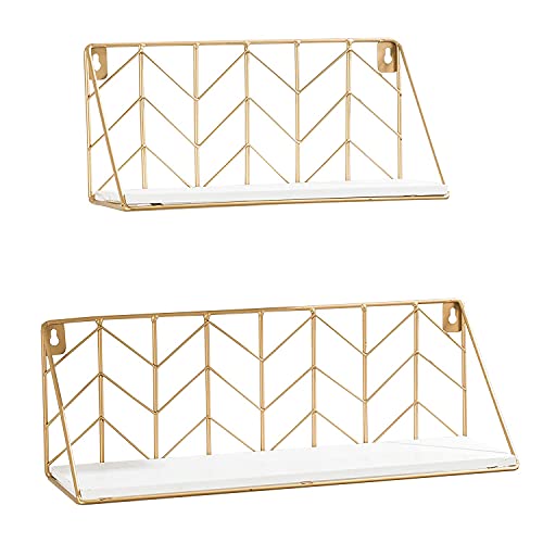 ROSE BLOOM Floating Shelves Wall Mounted Set of 2, Wood Storage Shelf with Metal Wire Basket for Bedroom, Living Room, Bathroom, Kitchen, Office, Arrow Design
