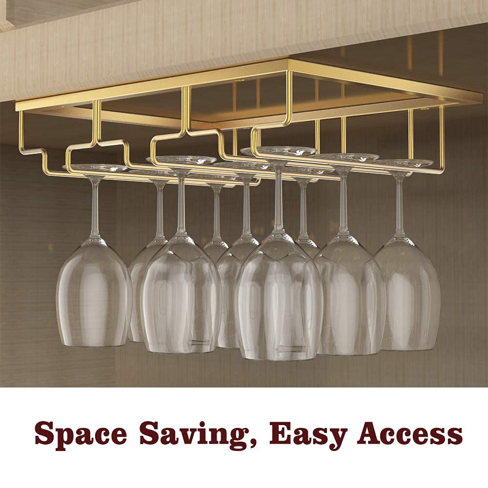 Nuovoware Wine Glass Rack, [2-Pack] Wine Glass Hanger Rack Under Cabinet Stemware Wine Glass Holder Storage Hanger for Bar Kitchen Cabinet (3 Rows) - Gold