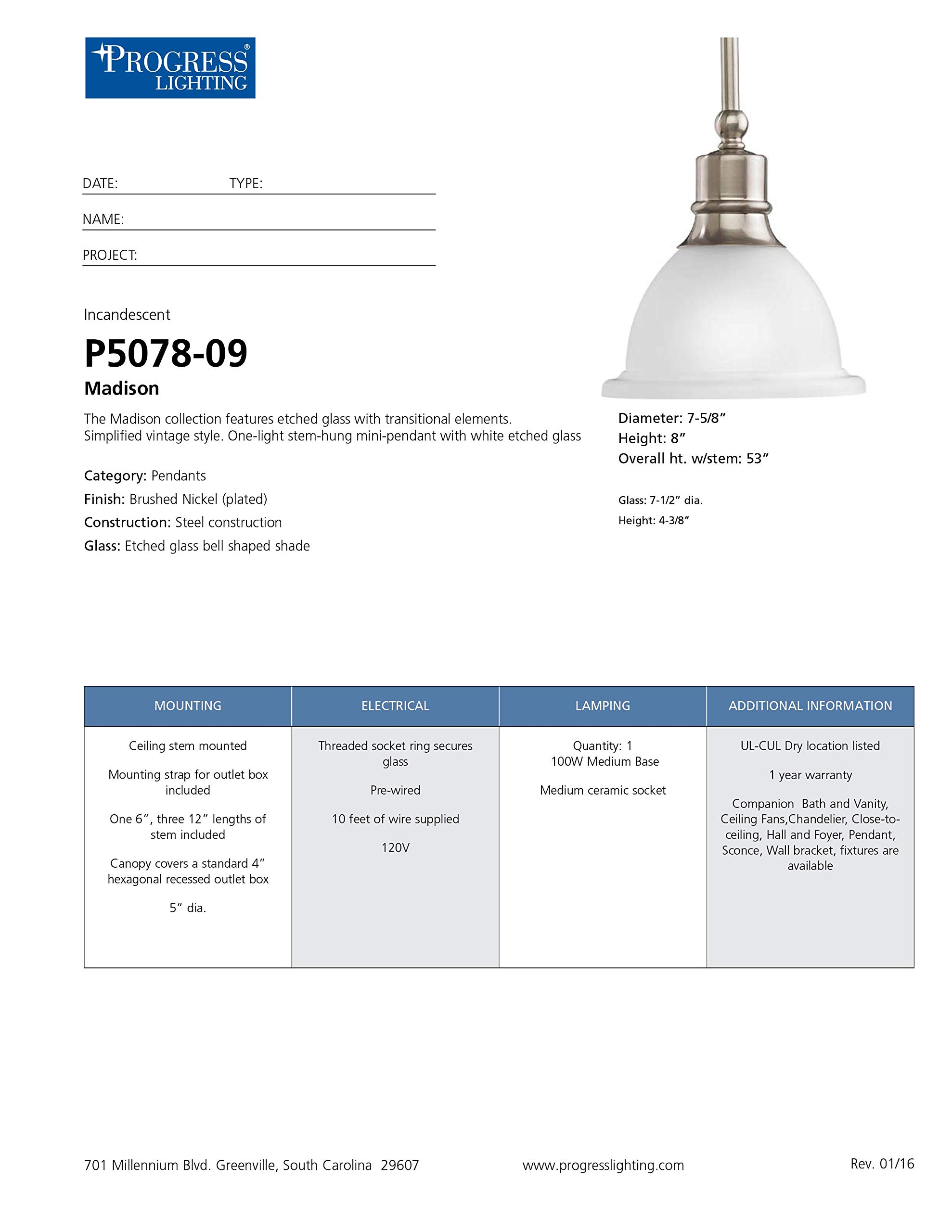 Progress Lighting P5078-09 Madison Pendants, 7-1/2-Inch Diameter x 8-Inch Height, Brushed Nickel