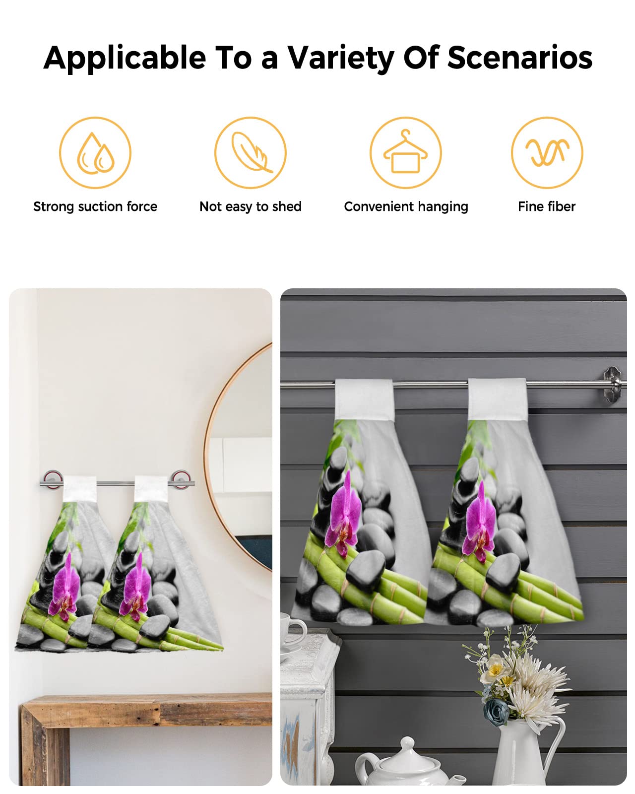 2 PCS Kitchen Hand Towels, Orchid Dew Basalt Stones Floral Aromatherapy Soft Plush Hanging Tie Towels with Loop for Kitchen Bathroom Dish Cloth Tea Bar Towel Close-up Purple Floral