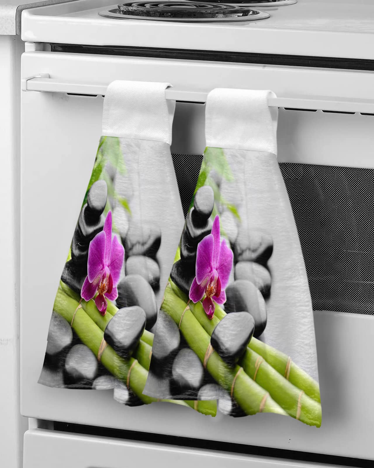 2 PCS Kitchen Hand Towels, Orchid Dew Basalt Stones Floral Aromatherapy Soft Plush Hanging Tie Towels with Loop for Kitchen Bathroom Dish Cloth Tea Bar Towel Close-up Purple Floral