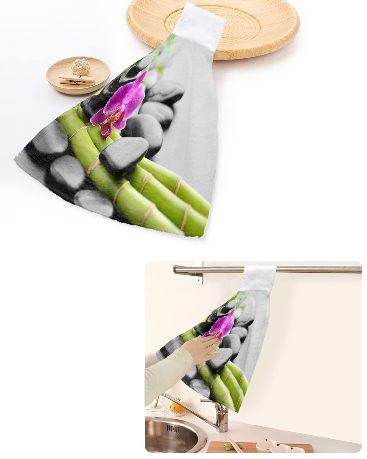 2 PCS Kitchen Hand Towels, Orchid Dew Basalt Stones Floral Aromatherapy Soft Plush Hanging Tie Towels with Loop for Kitchen Bathroom Dish Cloth Tea Bar Towel Close-up Purple Floral