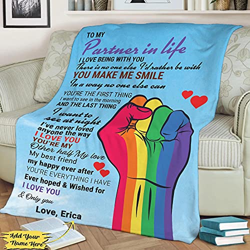 LGBT Gay Lesbian Pride Personalized Blanket for Life Partner with Name, Gift for Christmas Birthday Anniversary Valentines Day, Fleece Blanket for Couch Bed Sofa Travelling Camping, Printed in USA