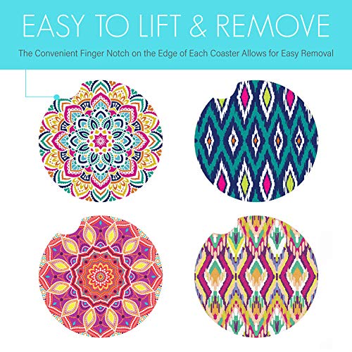 LotFancy 4 Pack Car Coasters Ceramic, Boho Absorbent Car Cup Holder Coasters, 2.56inch, Mandala Style for Women Men, with Finger Notch & Cork Base, 4 Patterns