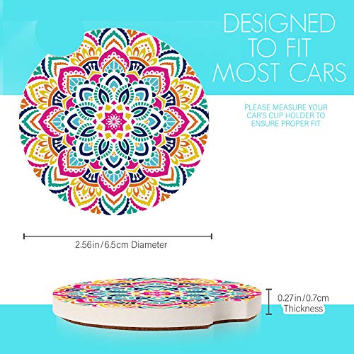 LotFancy 4 Pack Car Coasters Ceramic, Boho Absorbent Car Cup Holder Coasters, 2.56inch, Mandala Style for Women Men, with Finger Notch & Cork Base, 4 Patterns