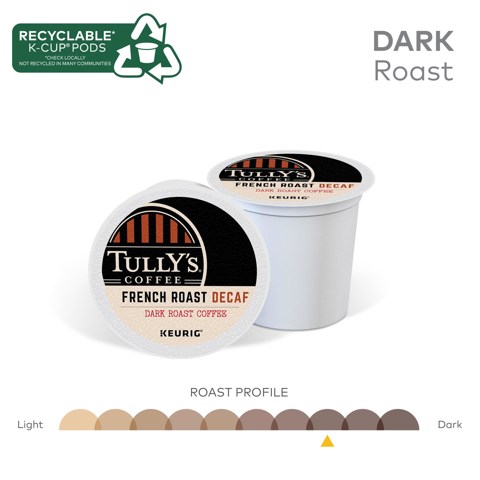 Tully's Coffee French Roast Decaf, Single-Serve Keurig K-Cup Pods, Dark Roast Coffee Pods, 96 Count, 24 Count (Pack of 4)