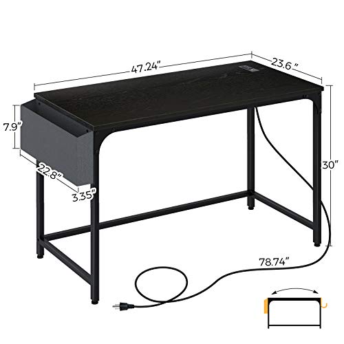 Rolanstar Computer Desk with Power Outlet, 47β Home Office PC Desk with USB Ports Charging Station, Desktop Table with Side Storage Bag and Iron Hooks, Stable Metal Frame Workstation, Black