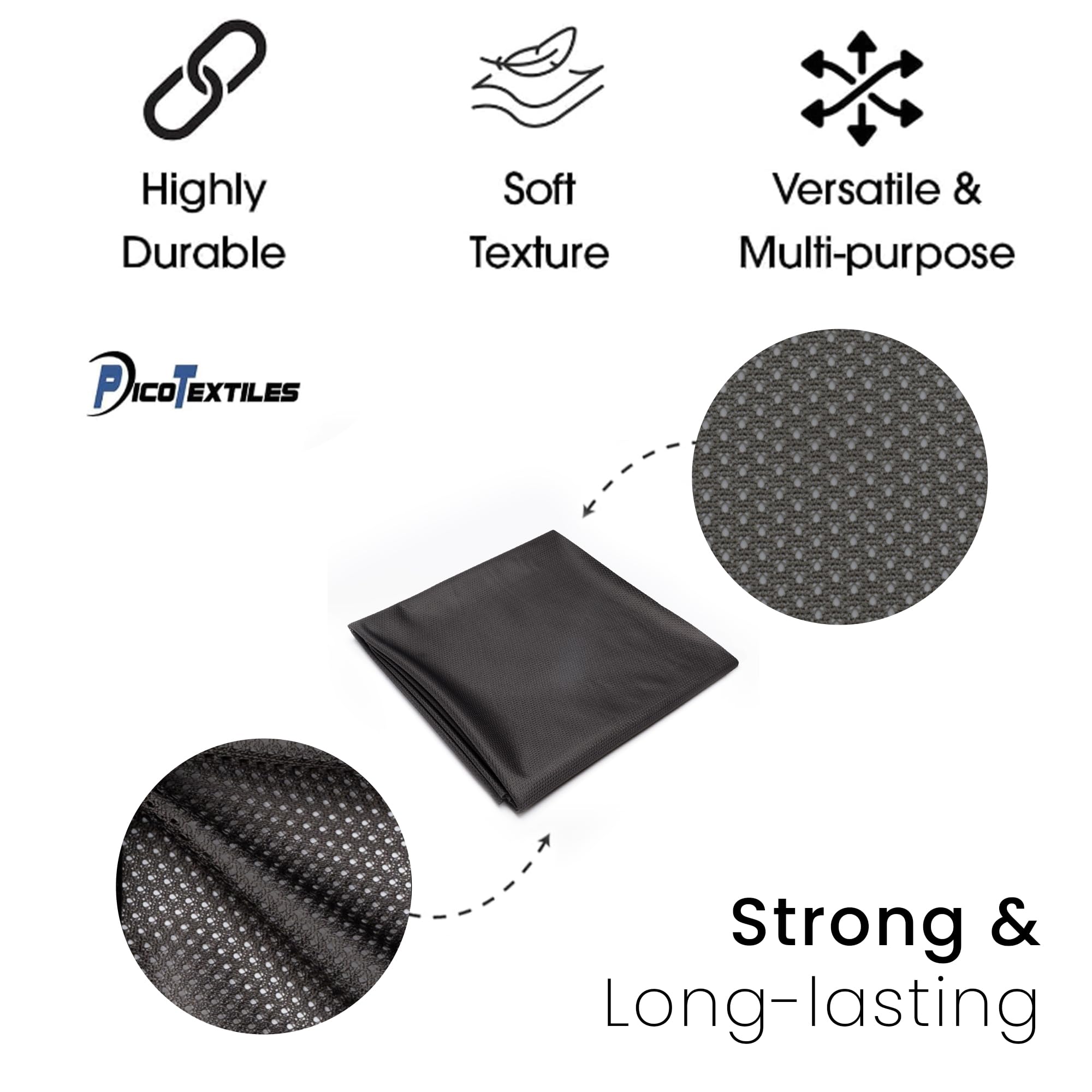 Pico Textiles 2 Yards Bolt - Dark Charcoal Polyester Micro Mesh Jersey Fabric - 60" Wide - Small Holes - Durable Athletic Mesh Fabric for Sewing Soccer & Basketball Jerseys Uniforms